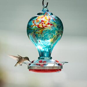 Hummingbird Feeder by Grateful Gnome - Large Hand Blown Stained Glass Feeder for Garden, Patio, Outdoors, Window with Accessories S-Hook, Ant Moat, Brush - 36fl oz, Large Blue Egg Design