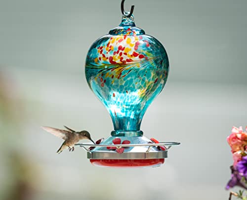 Hummingbird Feeder by Grateful Gnome - Large Hand Blown Stained Glass Feeder for Garden, Patio, Outdoors, Window with Accessories S-Hook, Ant Moat, Brush - 36fl oz, Large Blue Egg Design