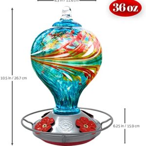 Hummingbird Feeder by Grateful Gnome - Large Hand Blown Stained Glass Feeder for Garden, Patio, Outdoors, Window with Accessories S-Hook, Ant Moat, Brush - 36fl oz, Large Blue Egg Design