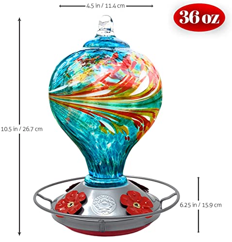 Hummingbird Feeder by Grateful Gnome - Large Hand Blown Stained Glass Feeder for Garden, Patio, Outdoors, Window with Accessories S-Hook, Ant Moat, Brush - 36fl oz, Large Blue Egg Design