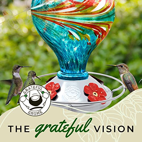 Hummingbird Feeder by Grateful Gnome - Large Hand Blown Stained Glass Feeder for Garden, Patio, Outdoors, Window with Accessories S-Hook, Ant Moat, Brush - 36fl oz, Large Blue Egg Design