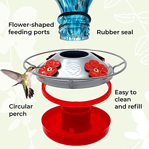 Hummingbird Feeder by Grateful Gnome - Large Hand Blown Stained Glass Feeder for Garden, Patio, Outdoors, Window with Accessories S-Hook, Ant Moat, Brush - 36fl oz, Large Blue Egg Design