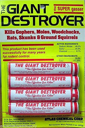 Atlas Giant Destroyer Smoke Bombs 12 Pack (48 Sticks) Kills Moles Gophers Skunks Rats Squirrels