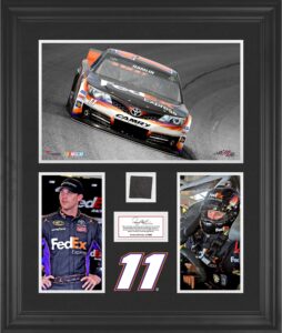 denny hamlin framed 3-photograph collage with race-used tire-limited edition of 500 - nascar driver plaques and collages