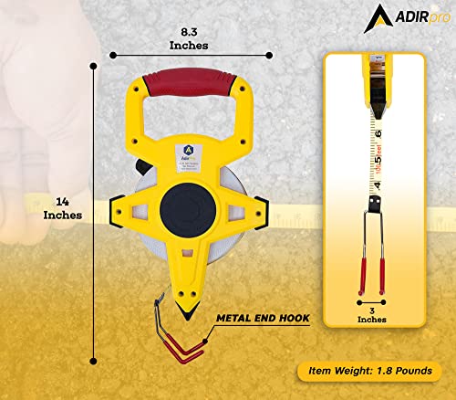 AdirPro Fiberglass 100' Appraiser’s Measuring Tape Tape Rule with Extra Large Metal End Hook for Precise Measurements, Perfect for Appraisers, Surveyors, Landscapers