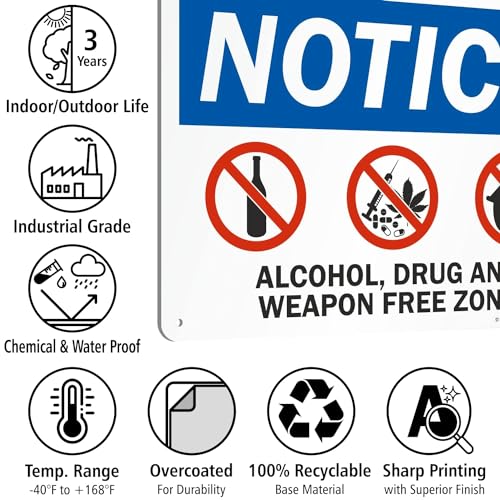 SmartSign "Notice - Alcohol, Drug, Weapon Free Zone" Sign | 10" x 14" Plastic