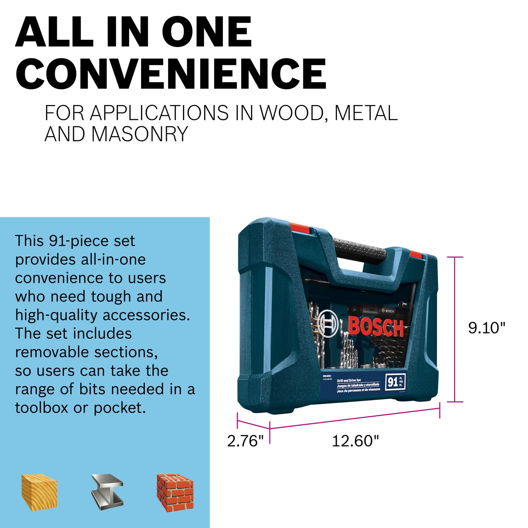 BOSCH MS4091 91-Piece Drilling and Driving Mixed Set with Included Case for Applications in Wood, Metal, Masonry