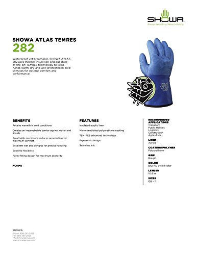 Showa Best 282 Atlas TEMRES Insulated Gloves, Waterproof/Breathable TEMRES Technology, Oil Resistant Rough Textured Coating, Acrylic Insulation, Large (1 Pair)