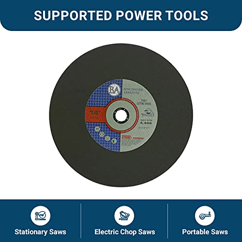 Benchmark Abrasives 14" x 1/8" x 1" Aluminum Oxide Type 1 Chop Saw Blade Cutting Wheel for High-Speed Power Saws, Max. RPM 4400, Precise Cutting of Metal Steel Drywall - 10 Pack