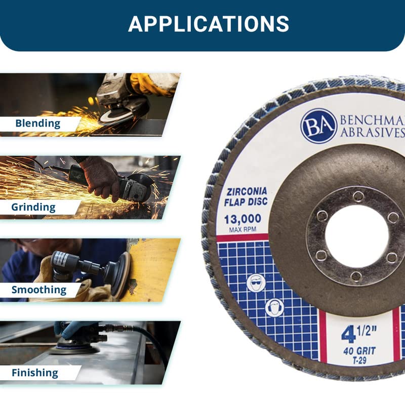 Benchmark Abrasives 4.5" Premium Zirconia Type 29 Flap Discs Grinding Wheels for Sanding Stock Rust Removal Finishing Grinding Deburring Stainless Steel, 7/8" Arbor  (10 Pack) - 40 Grit