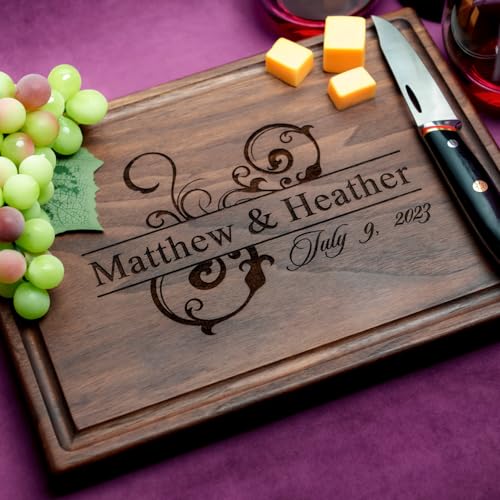 Straga Personalized Cutting Boards | Handmade Wood Engraved Charcuterie | Custom Wedding, Anniversary, Engagement Gift for Couples (Artistic Swirl Design No.206)