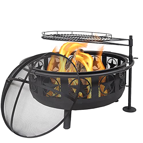 Sunnydaze 30-Inch Steel All Star Fire Pit Bowl - Black - Includes BBQ Cooking Grate and Spark Screen