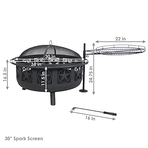 Sunnydaze 30-Inch Steel All Star Fire Pit Bowl - Black - Includes BBQ Cooking Grate and Spark Screen