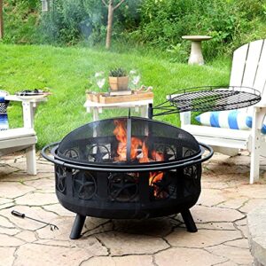 Sunnydaze 30-Inch Steel All Star Fire Pit Bowl - Black - Includes BBQ Cooking Grate and Spark Screen