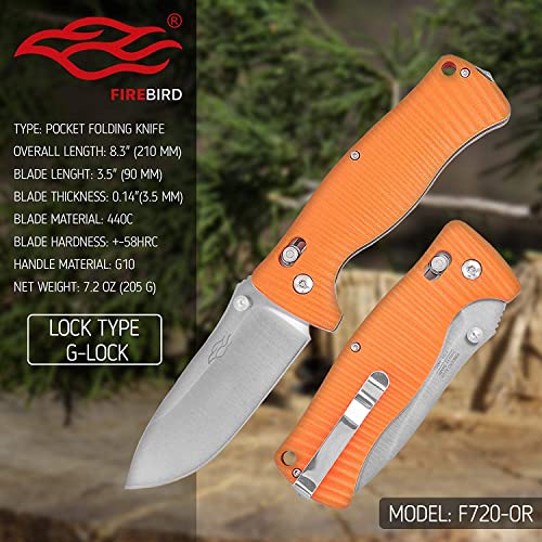 Ganzo G720-OR Tactical Pocket Folding Knife 440C Stainless Steel Blade G10 Anti-Slip Handle with Clip Fishing Hunting Outdoor Folder EDC Pocket Knife (Orange)