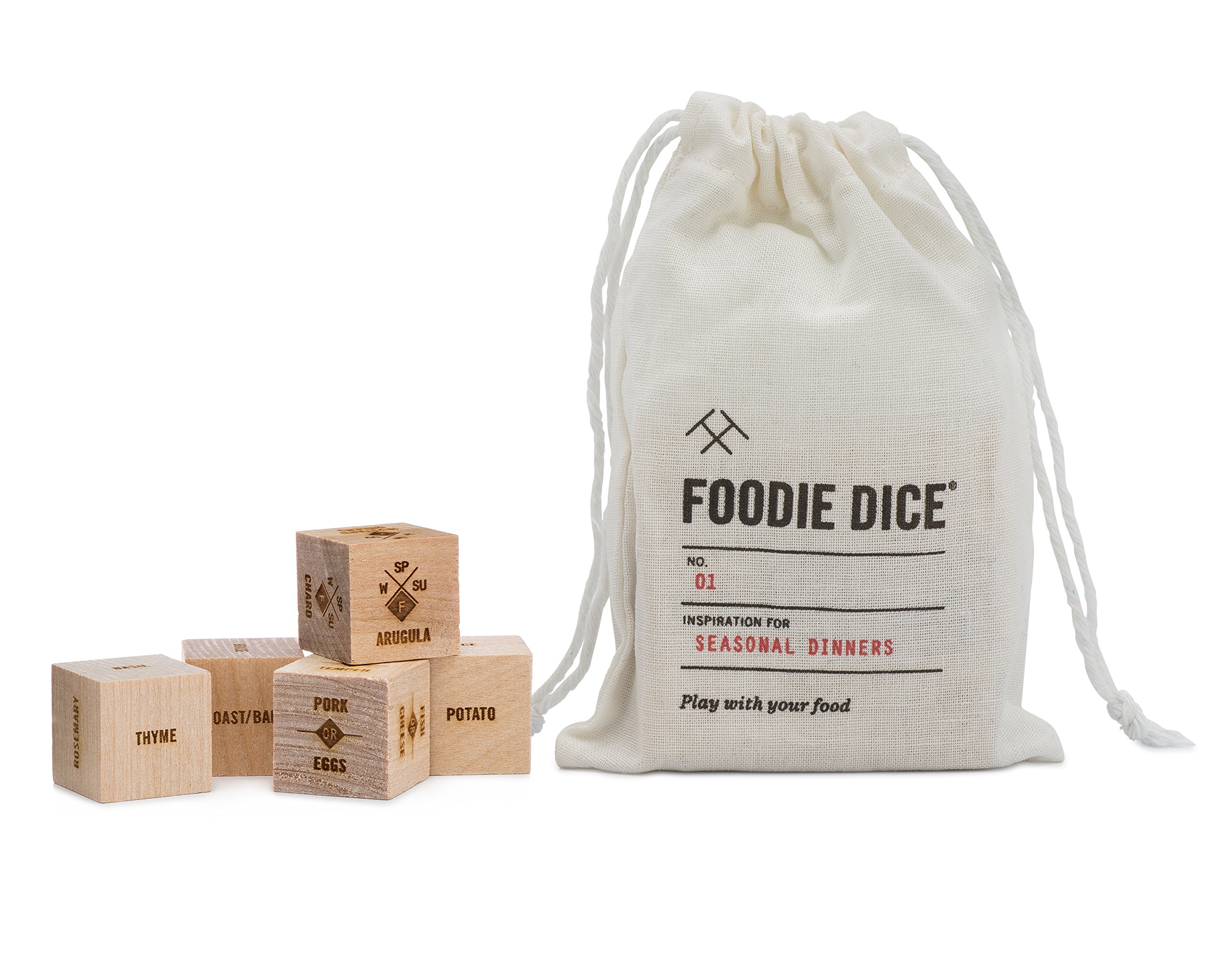 Foodie Dice® No. 1 Seasonal Dinners (pouch) - Classic Edition // Laser engraved wood dice for cooking inspiration/Foodie gift, Christmas gift, Stocking Stuffer, gifts for women