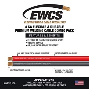 EWCS 4 Gauge Premium Extra Flexible Welding Cable 600 Volt 25 Feet Each Black+Red