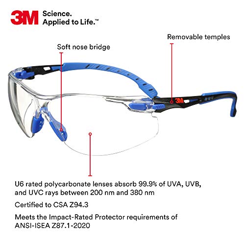 3M Safety Glasses Solus 1000 Series ANSI Z87 Scotchgard Anti-Fog Clear Lens Low Profile Blue/Black Frame