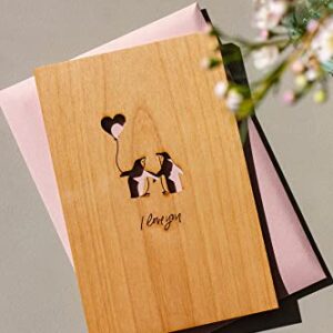 Penguin Love Wood Wedding Anniversary Card for Wife Husband [Happy Birthday Penguin Gifts for Him Her Couple, Valentine's Day Card for Boyfriend Girlfriend, Made in the USA]