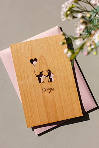 Penguin Love Wood Wedding Anniversary Card for Wife Husband [Happy Birthday Penguin Gifts for Him Her Couple, Valentine's Day Card for Boyfriend Girlfriend, Made in the USA]