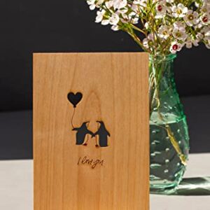 Penguin Love Wood Wedding Anniversary Card for Wife Husband [Happy Birthday Penguin Gifts for Him Her Couple, Valentine's Day Card for Boyfriend Girlfriend, Made in the USA]