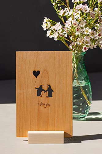 Penguin Love Wood Wedding Anniversary Card for Wife Husband [Happy Birthday Penguin Gifts for Him Her Couple, Valentine's Day Card for Boyfriend Girlfriend, Made in the USA]