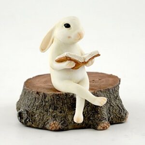 top collection miniature fairy garden & terrarium bunny reading on stump statue, small,ivory