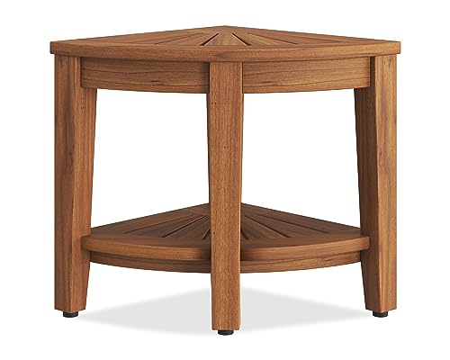 AquaTeak Floor Model - 15.5" Kai Corner Teak Shower Bench with Shelf