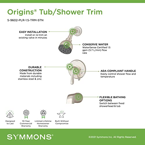 Symmons S-9602-PLR-1.5-TRM-STN Origins Single Handle 1-Spray Tub and Shower Faucet Trim in Satin Nickel - 1.5 GPM (Valve Not Included)