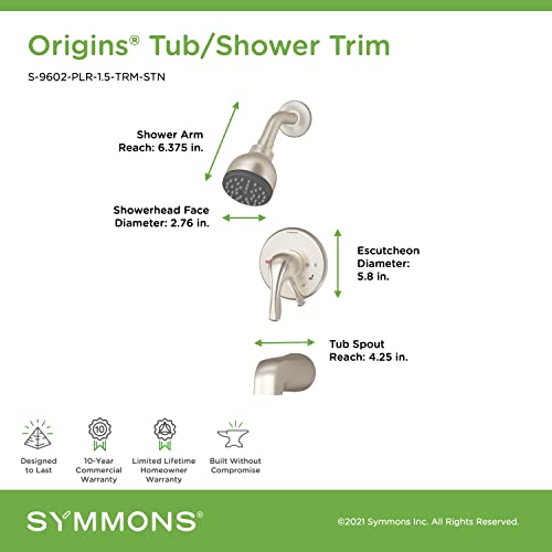 Symmons S-9602-PLR-1.5-TRM-STN Origins Single Handle 1-Spray Tub and Shower Faucet Trim in Satin Nickel - 1.5 GPM (Valve Not Included)