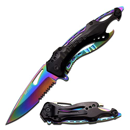 MTech USA MT-705RB Folding Knife, Rainbow Half-Serrated Blade, Black Handle, 4.5-Inch Closed