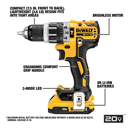 DEWALT 20V MAX* XR Compact Hammer Drill Kit, 1/2-Inch, 2.0-Amp Hour (DCD796D2)