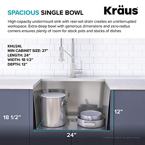 KRAUS Pax 24-inch 18 Gauge Undermount Single Bowl Stainless Steel Laundry and Utility Sink, KHU24L