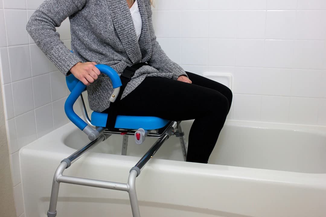 Carousel Sliding Shower Chair Tub Transfer Bench with Swivel Seat, Premium Padded Bath, with Pivoting Arms, Adjustable Space Saving Design for Tubs, Inside Shower, for Handicap & Seniors, Blue