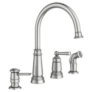 moen spot resist stainless one-handle high arc 4-hole kitchen faucet with side sprayer and soap dispenser, 87042srs