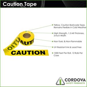 Cordova T15101 Bulk Pack 1.5-MIL Yellow Caution Barricade Tape, 3 in. x 1000 ft. Roll, 12-Pack