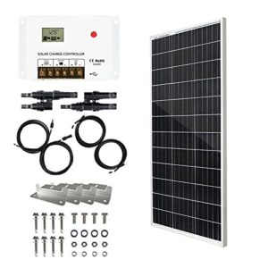 hqst 100w 12v monocrystalline solar panel kit w/ 30a pwm lcd solar charge controller, 20ft 12awg panel and controller connector cables, z-brackets, 8ft 10awg controller and battery connector cables