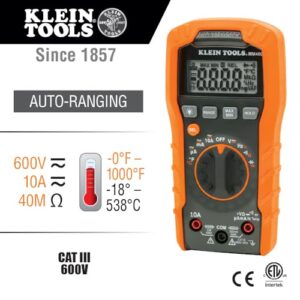 Klein Tools MM400 Multimeter, Digital Auto Ranging, AC/DC Voltage, Current, Capacitance, Frequency, Duty-Cycle, Diode, Continuity, Temp 600V,Orange