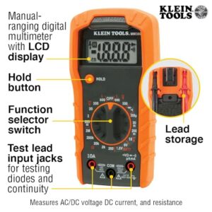 Klein Tools MM300 Multimeter, Digital Manual-Ranging Voltmeter, Tests Batteries, AC/DC, Current, Resistance, Diodes, and Continuity, 600V