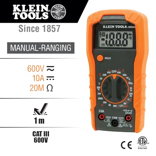 Klein Tools MM300 Multimeter, Digital Manual-Ranging Voltmeter, Tests Batteries, AC/DC, Current, Resistance, Diodes, and Continuity, 600V