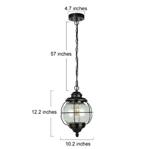 LALUZ Outdoor Pendant Lights, Farmhouse Ceiling Hanging Porch Fixture in Black Metal with Clear Bubbled Glass Globe in Iron Cage Frame, Exterior Lantern for Gazebo, Entryway, Patio