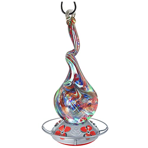 Gnarly Hummingbird Feeder by Grateful Gnome - Large Hand Blown Stained Glass Feeder for Garden, Patio, Outdoors, Window with Accessories S-Hook, Ant Moat, Brush - 16 fl oz, Gnarly Rainbow Design