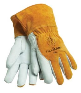 tillman 48l large brown top grain goatskin fleece lined standard grade mig welders gloves with straight thumb, 3 1/2" cuff, kevlar stitching and elastic back (1/pr)