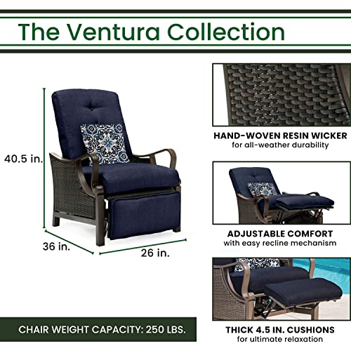 Hanover Ventura Modern Outdoor Wicker Reclining Lounge Chair with Thick Foam Weather-Resistant Navy Blue Cushions and Rust-Resistant Steel Frames, Luxury Furniture for Patio and Backyard