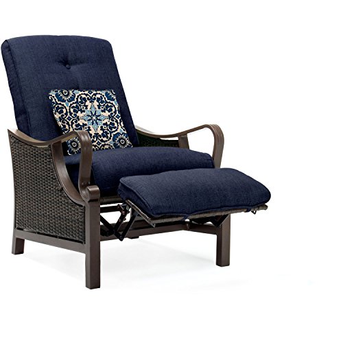 Hanover Ventura Modern Outdoor Wicker Reclining Lounge Chair with Thick Foam Weather-Resistant Navy Blue Cushions and Rust-Resistant Steel Frames, Luxury Furniture for Patio and Backyard