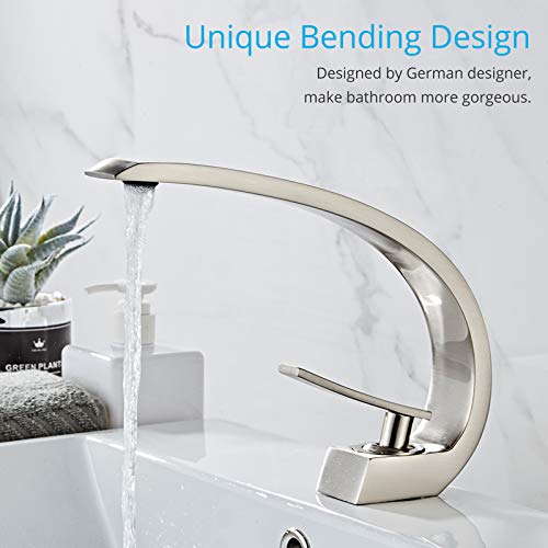 Wovier Brushed Nickel Bathroom Sink Faucet,Unique Design Single Handle Single Hole Brass Lavatory Vanity Faucet,Basin Mixer Tap with Supply Hose