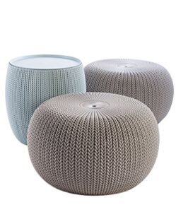 keter urban knit pouf ottoman set of 2 with storage table for patio and room décor - perfect for balcony, deck, and outdoor seating, misty blue & taupe