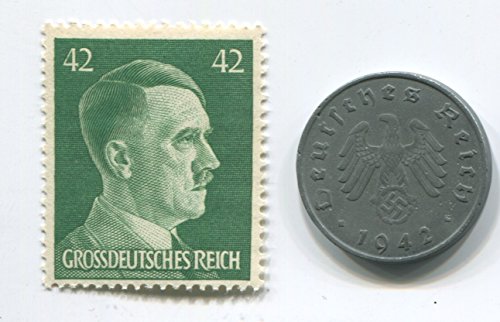 Hitler Rare Nazi Swastika 10 Reichspfennig German Coin World War Two WW2 with Jumbo Green Head Stamp MNH