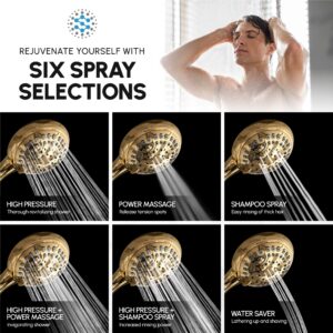 ShowerMaxx, Luxury Spa: ImperialShine Gold Hand Held Shower Head, 4.5 inch 6 Spray Setting Handheld Showerhead with Extra-Long Hose, Experience Comfort and Elegance (Polished Brass/ImperialShine Gold)