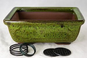 rectangular shohin bonsai pot, cactus & succulent planter 6"x 4.5"x 2.25" w/mesh & wire - moss green